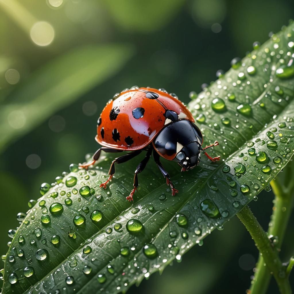 Macro photography of a tiny ladybug sitting on a leaf. Dew drops ...