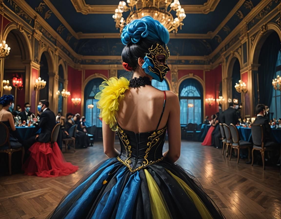A masked woman in a colorful Tulle Ball Gown - AI Generated Artwork ...