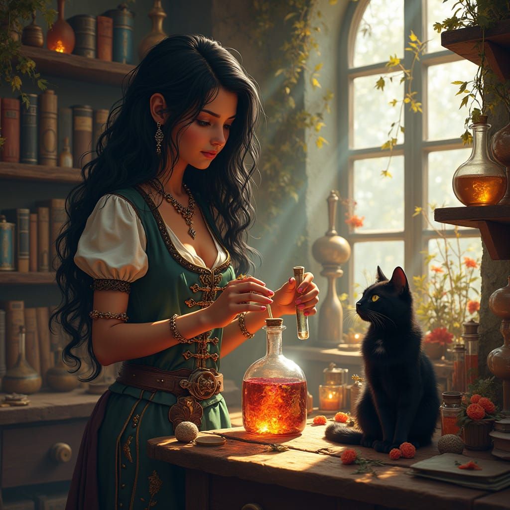 Elegant Dark Skinned Alchemist in Whimsical Labora... - AI Art