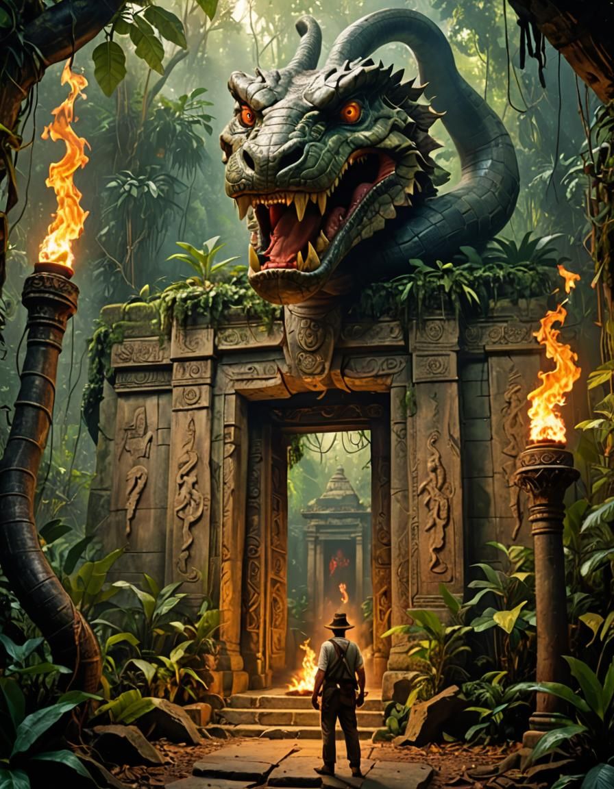A temple in the middle of the jungle, with a large serpent head as the ...