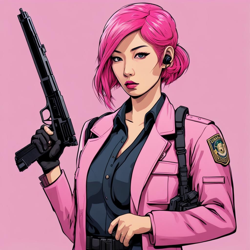 Asian FBI female agent with pink hair and a gun - AI Generated Artwork ...