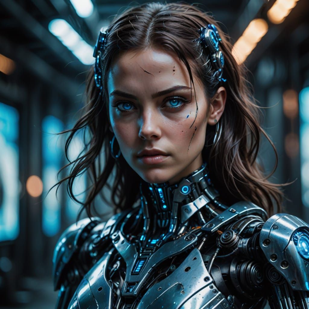 Elegant Slavic Terminator: Cyberpunk Oil Painting - AI Art