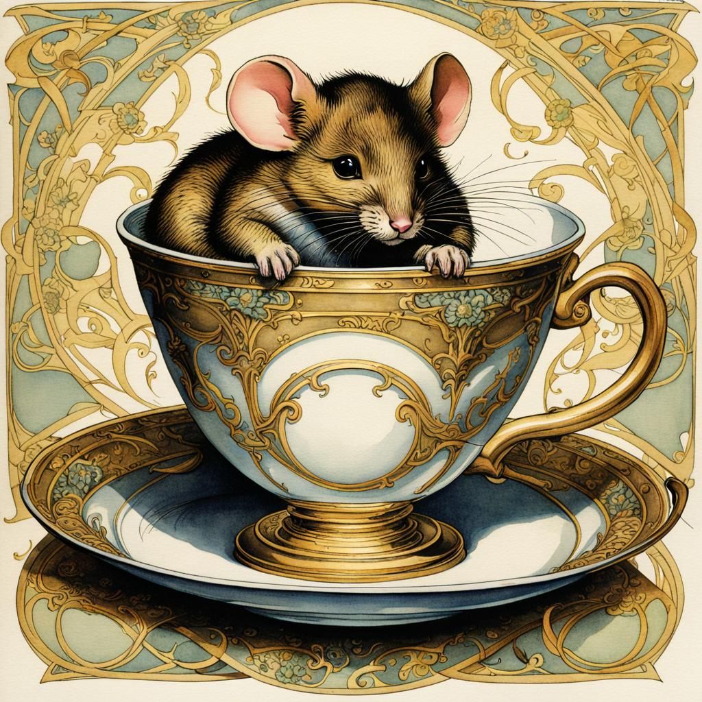 enigmatic mouse LOOKING OUT OF teacup, comic book art, Watercolor with ...