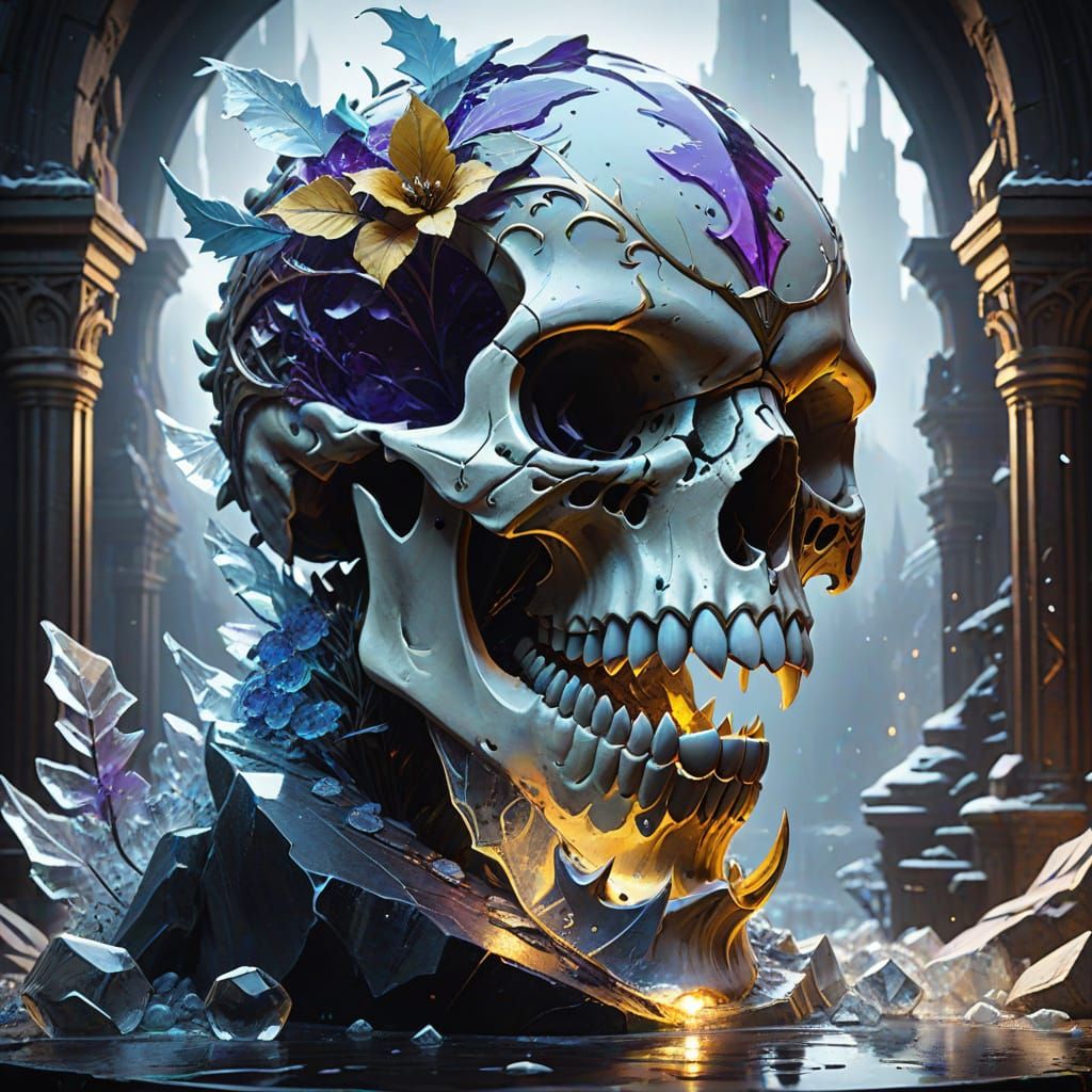 Mystical Raptor Skull Frozen in Ice with Celestial... - AI Art