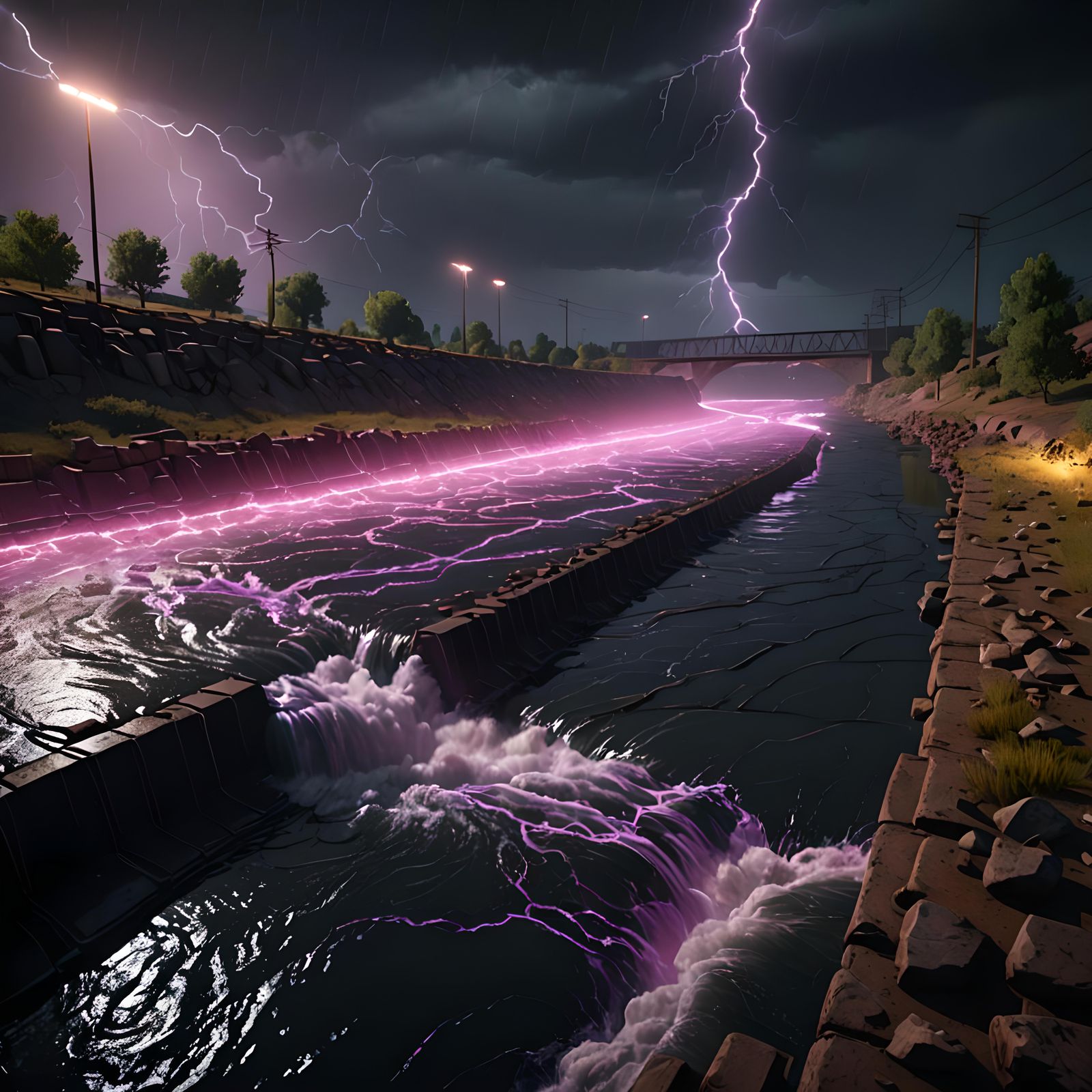 Neon river in a lightning storm - AI Generated Artwork - NightCafe Creator