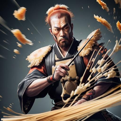 Japanese Samurai eye-balling a ginger sauce sparingly drizzled over top ...