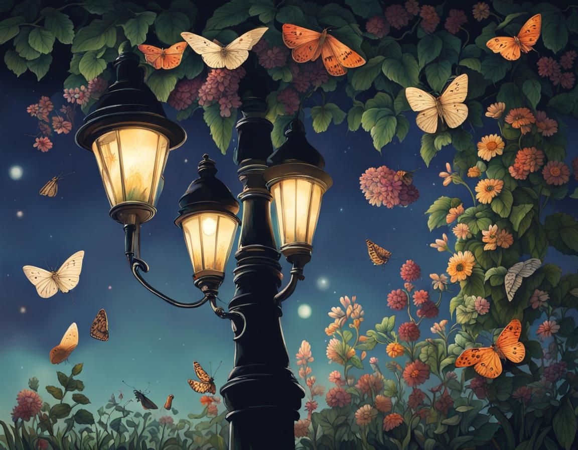 Moths and the Lamp Post - AI Generated Artwork - NightCafe Creator
