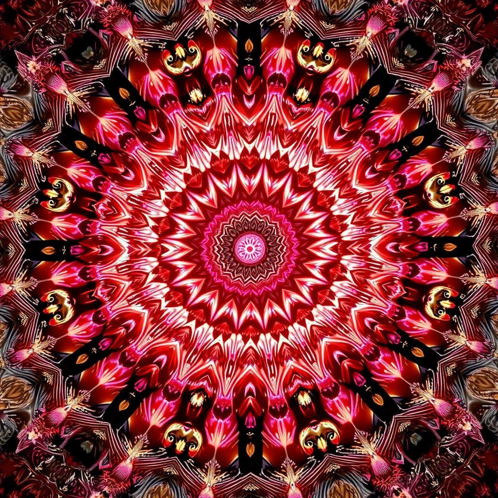 A mandala kaleidoscope swirling fractal image spinning into the distance colors are red, pink ...