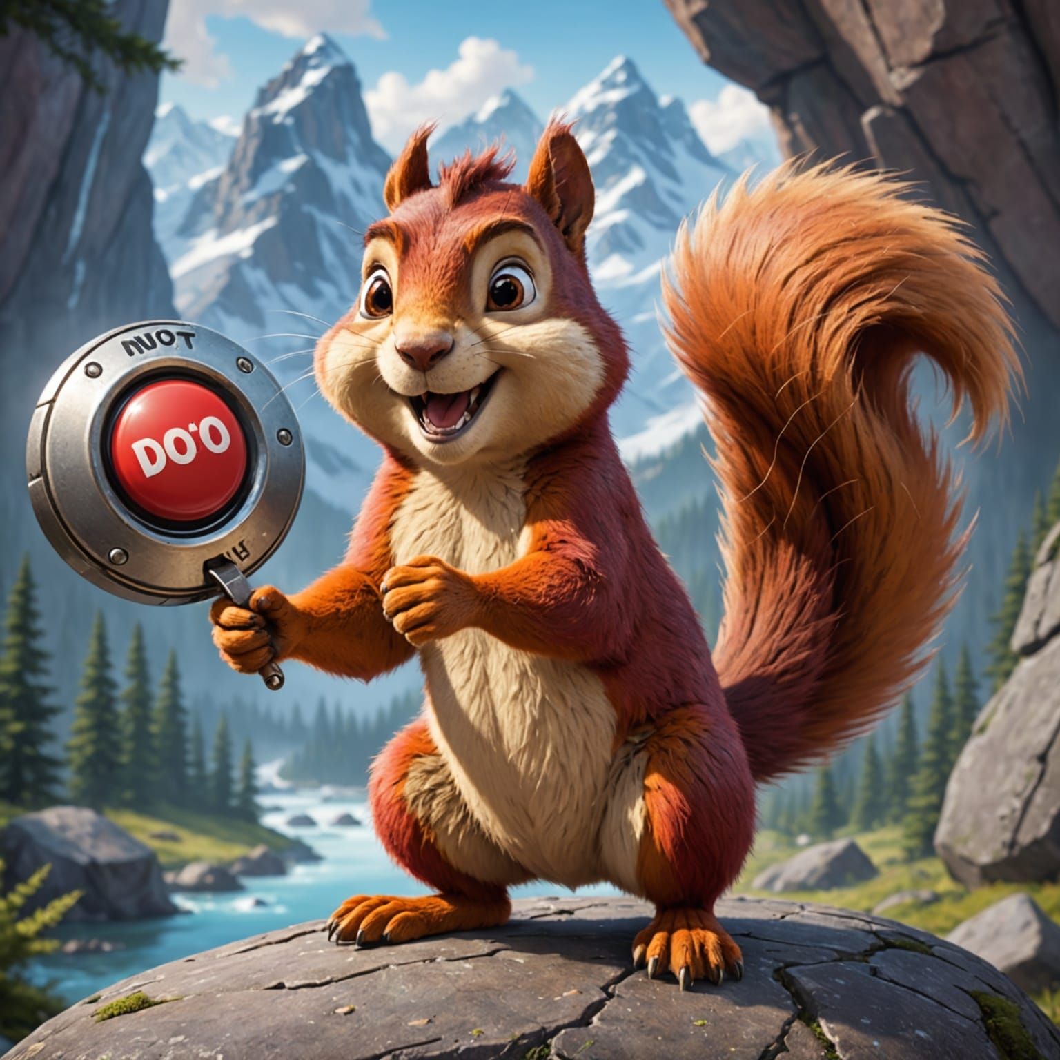 Saber-Toothed Squirrel on Red Warning Button in Da... - AI Art
