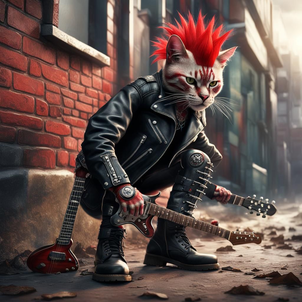 punk rock cat. dressed in leather jacket, thick boots. red mohawk ...