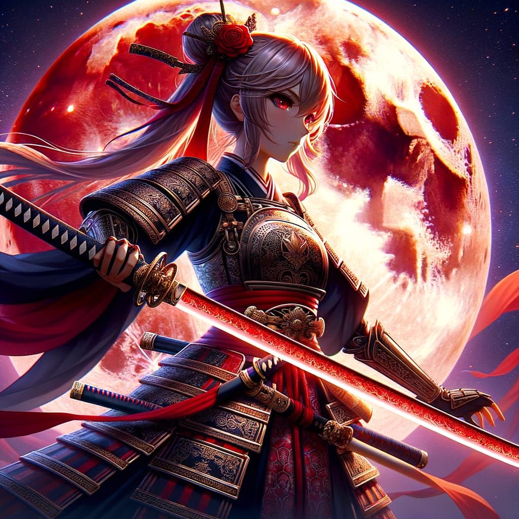 Crimson Katana - Anime-Inspired Warrior Under Crimson Moonli...