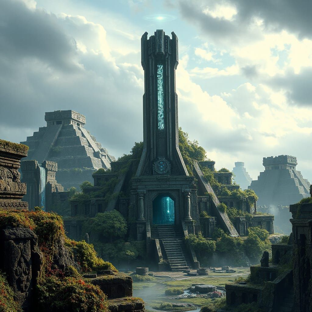 ancient overgrown city, overgrown Aztec techno pyramids, in center of ...