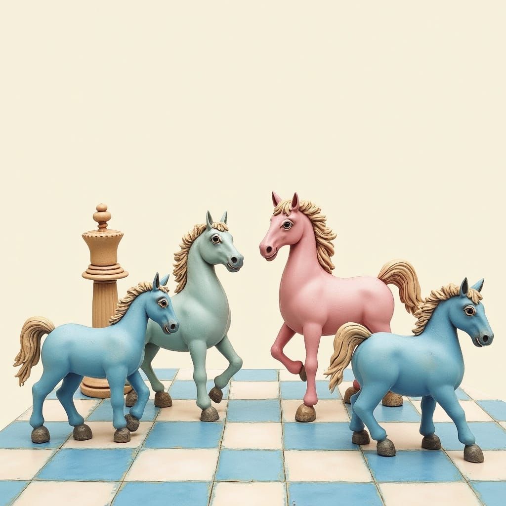 Pastel Whimsy Chessboard with Intricate Horse Piec... - AI Art