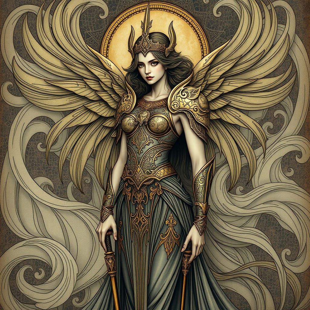 Mythical Women Warrior in Elegant Art Nouveau Styl... - AI Art