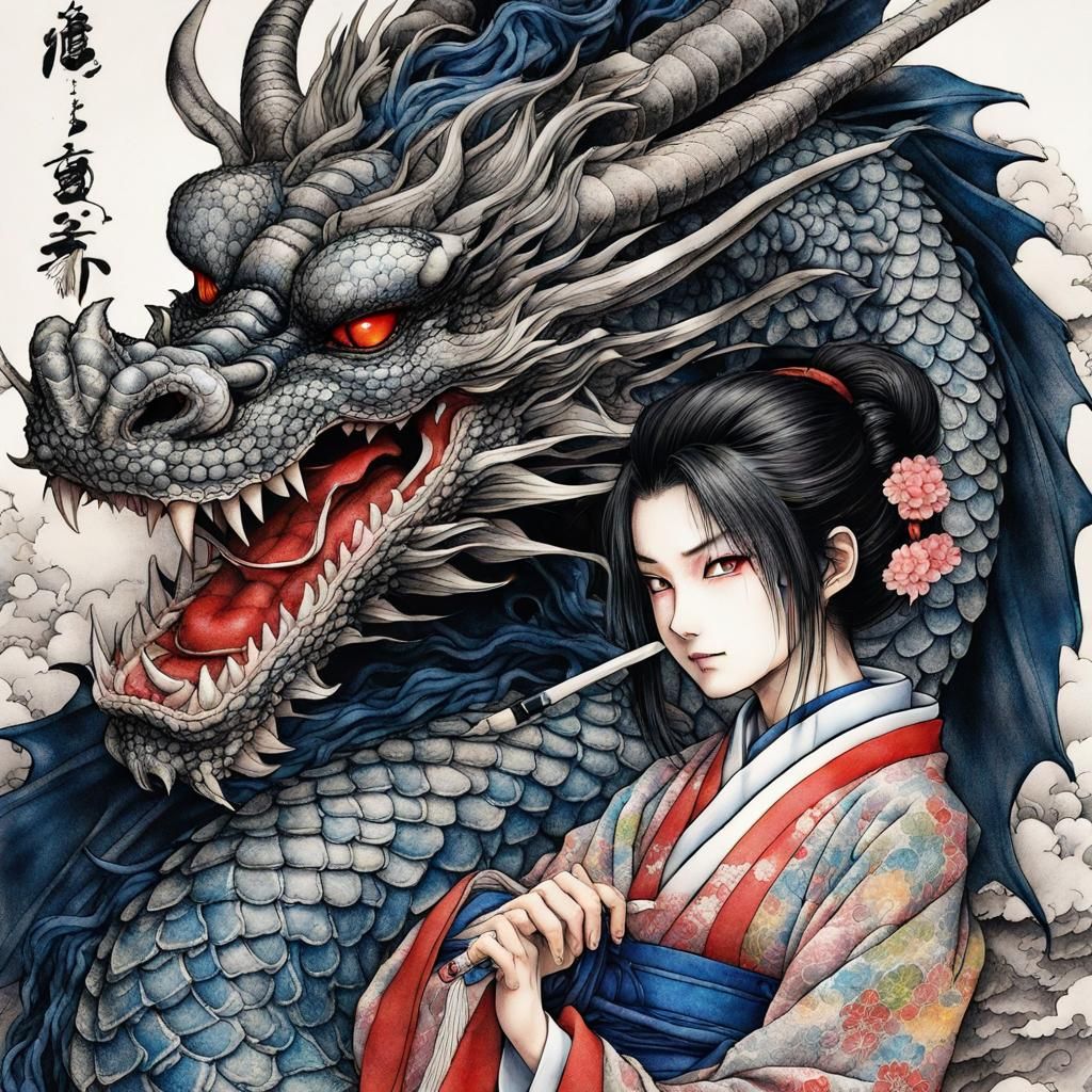 THE MISFICIOUS GEISHA AND THE SAPPHIRE DRAGON - AI Generated Artwork ...