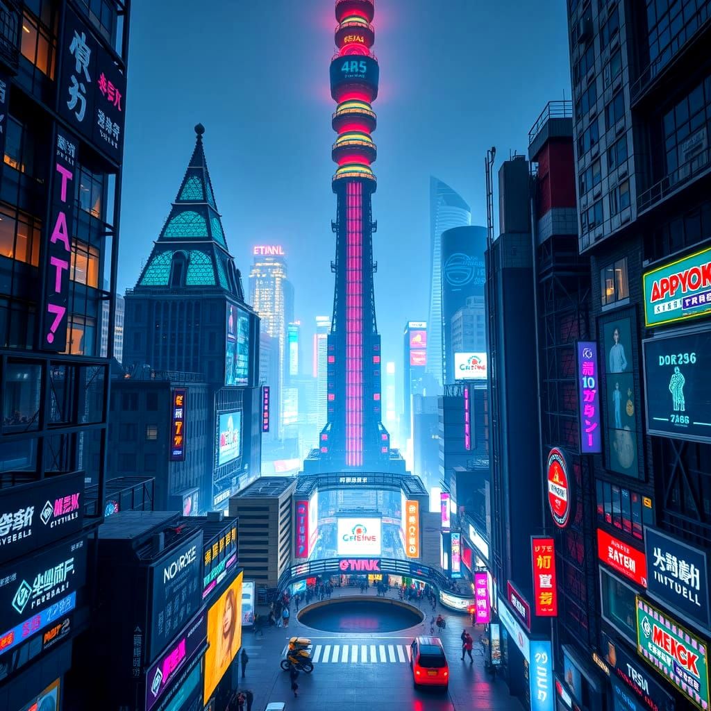 Urban megastructure, towering, neon, labyrinth