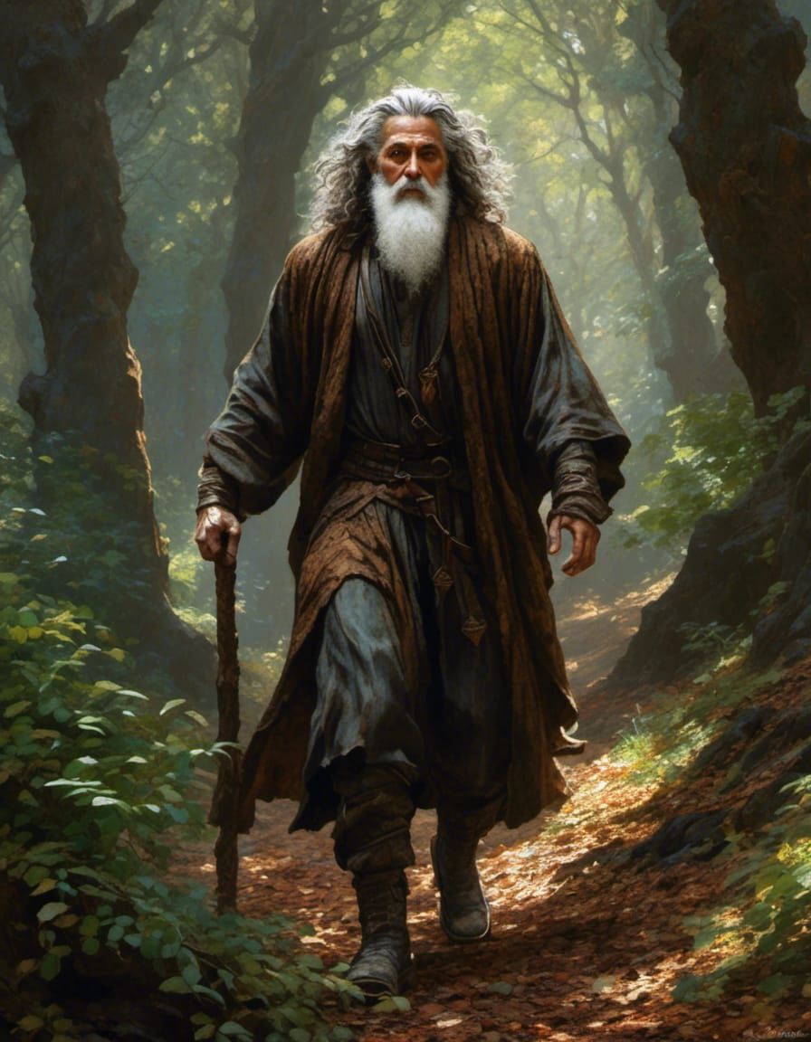 (druid wizard man walking in a forest) (low angle full length closeup ...