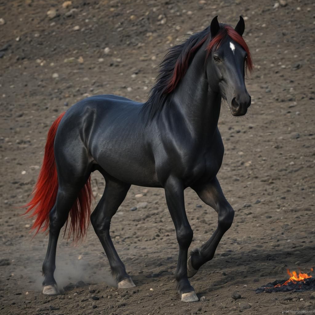 A MAJESTIC BLACK STALLION WITH A FLAME-RED MANE AND TAIL. HER COAT IS ...