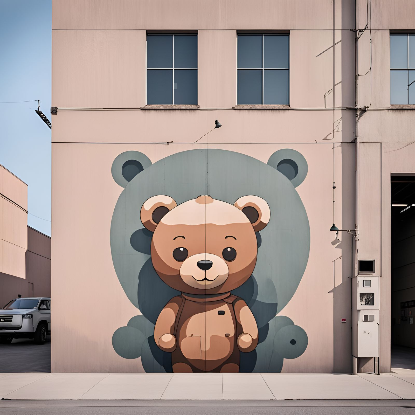 Pop Street, Minimalism, Teddy Bear Mural, Industrial Building, Muted ...