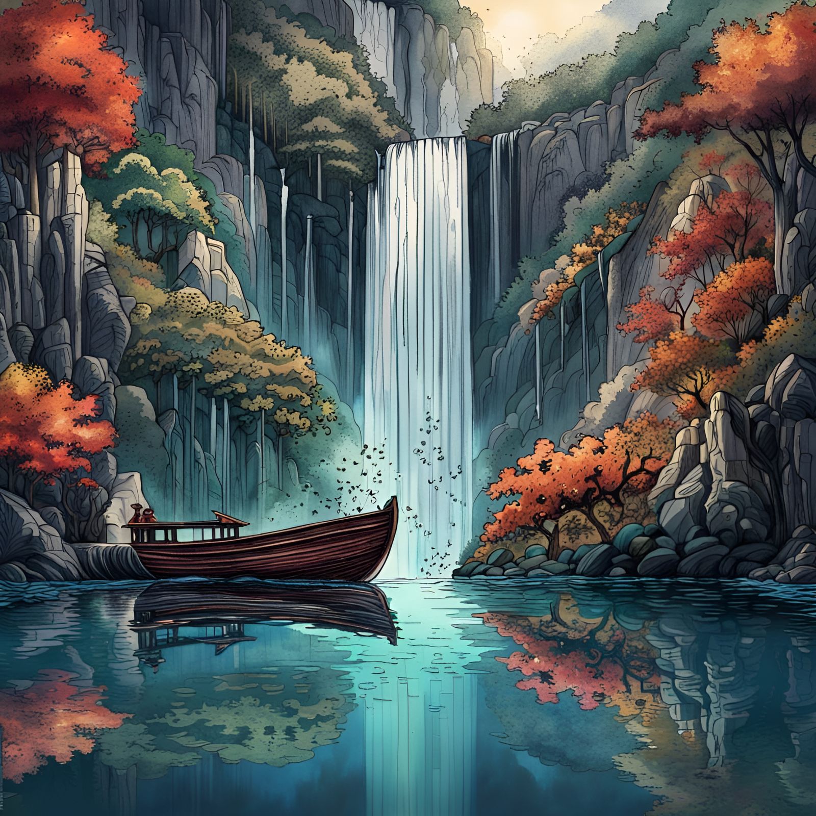 Ink Drawing of Waterfalls - AI Generated Artwork - NightCafe Creator