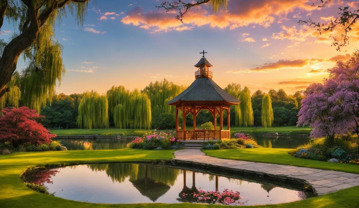 a vibrant garden scene at sunset featuring a wooden gazebo with a large ...