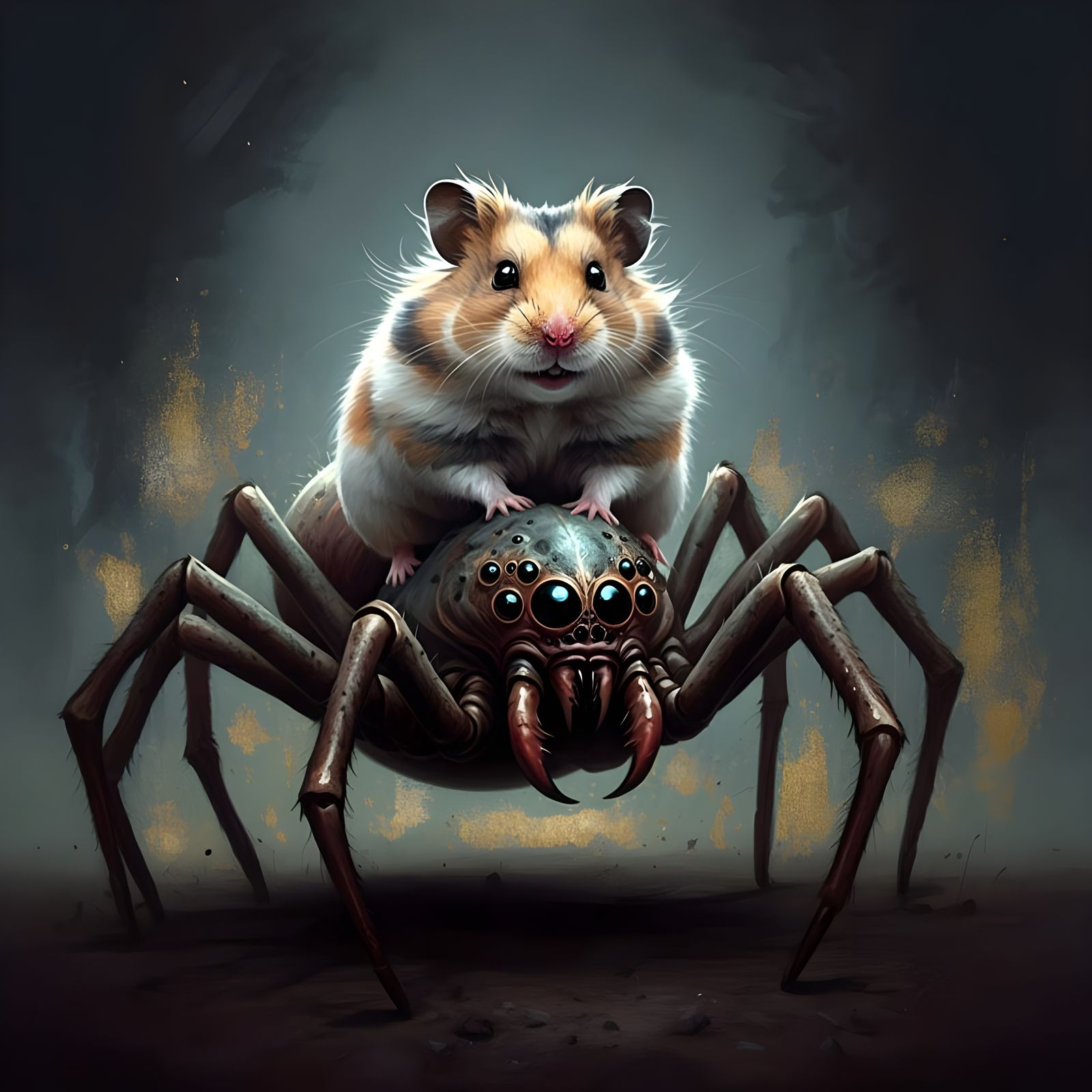 painting of a hamster riding a giant spider