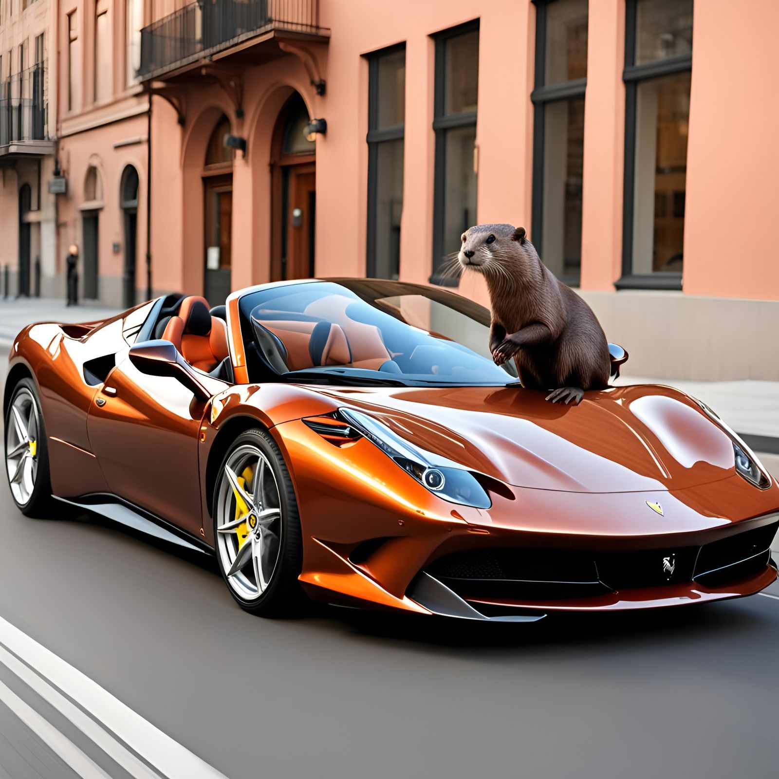 A beautiful sleek shiny brown otter driving a brand new copper colored ...