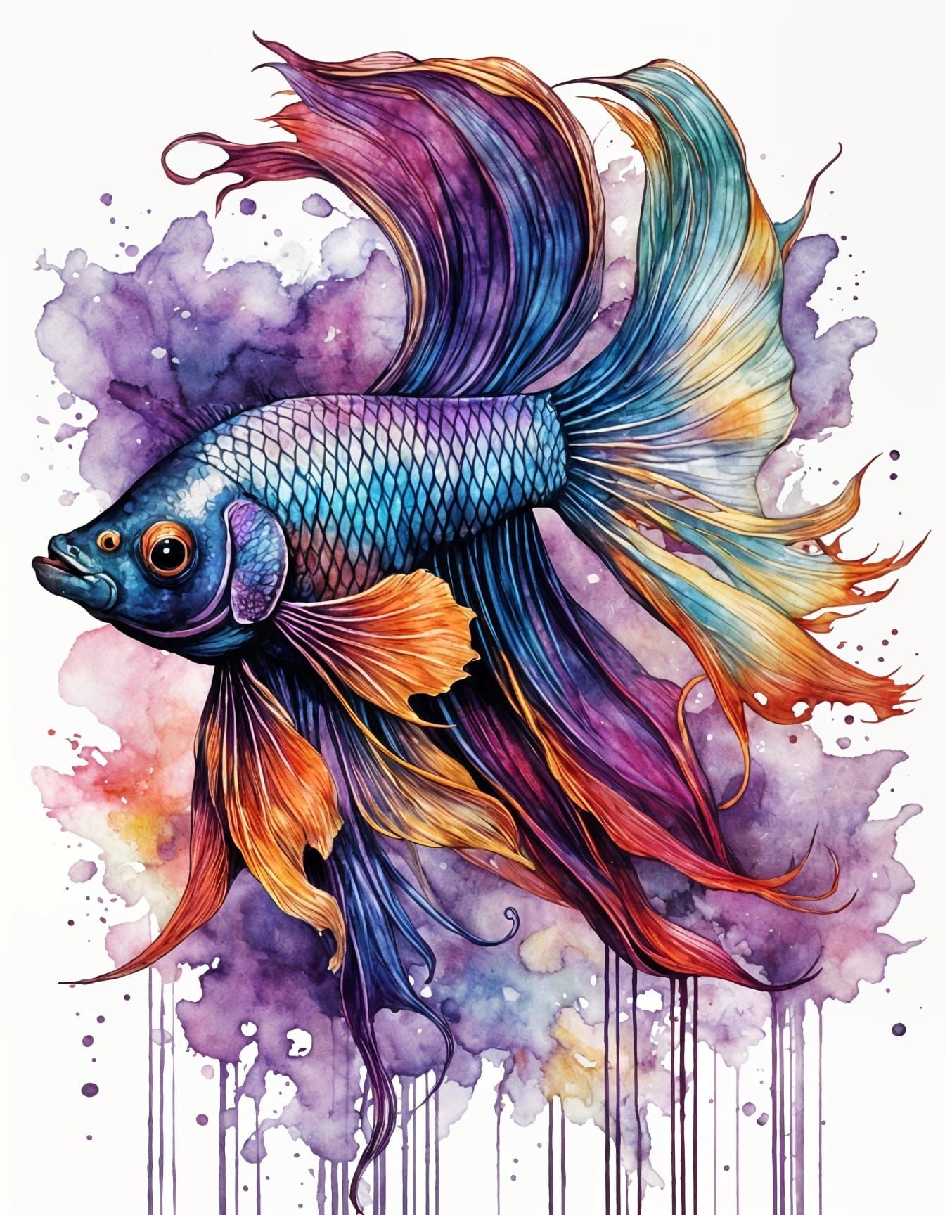 Spilled ink art of a colourful vibrant and highly detailed betta fish ...