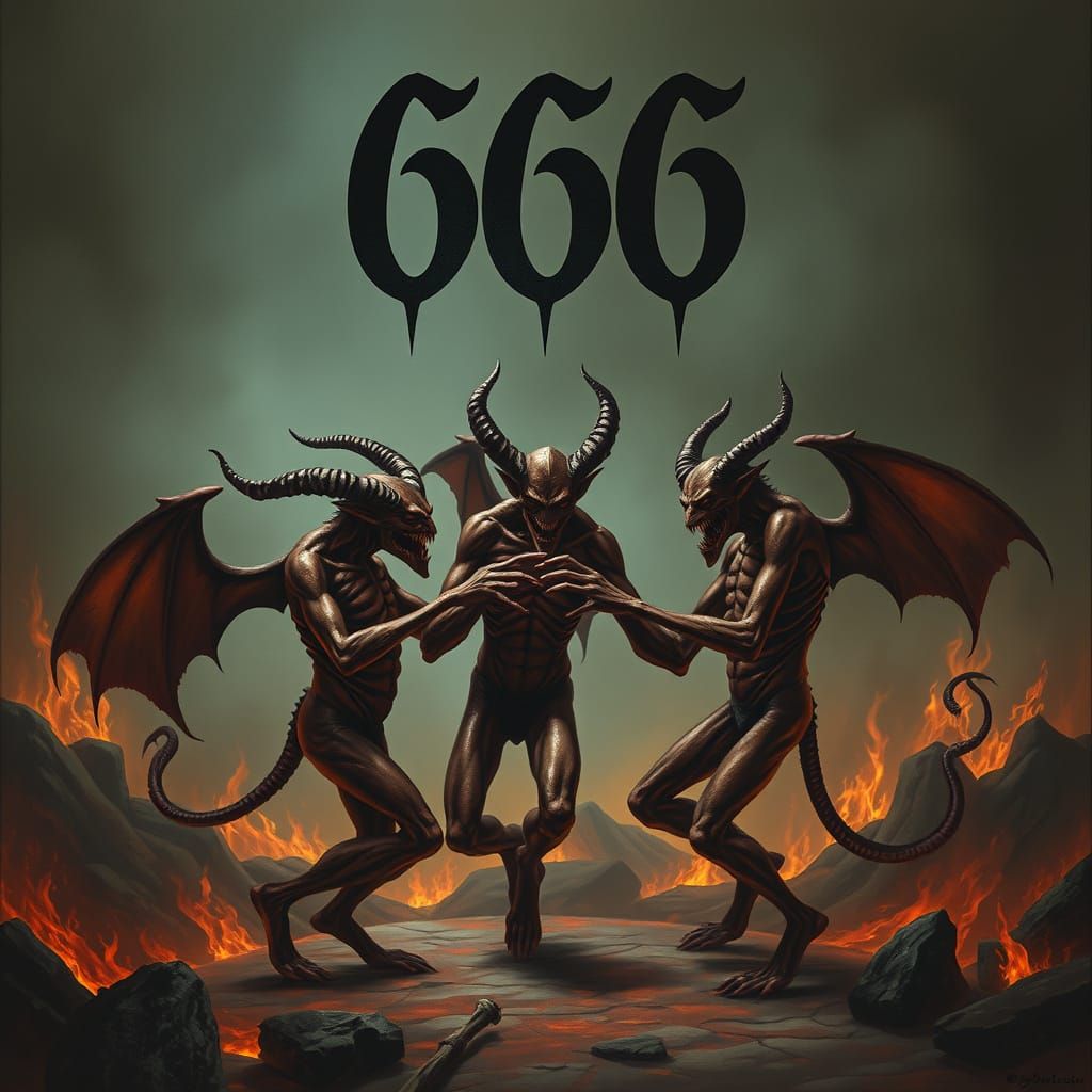 Demons in Macabre Waltz Dance Amidst Hellish Flame... - AI Art