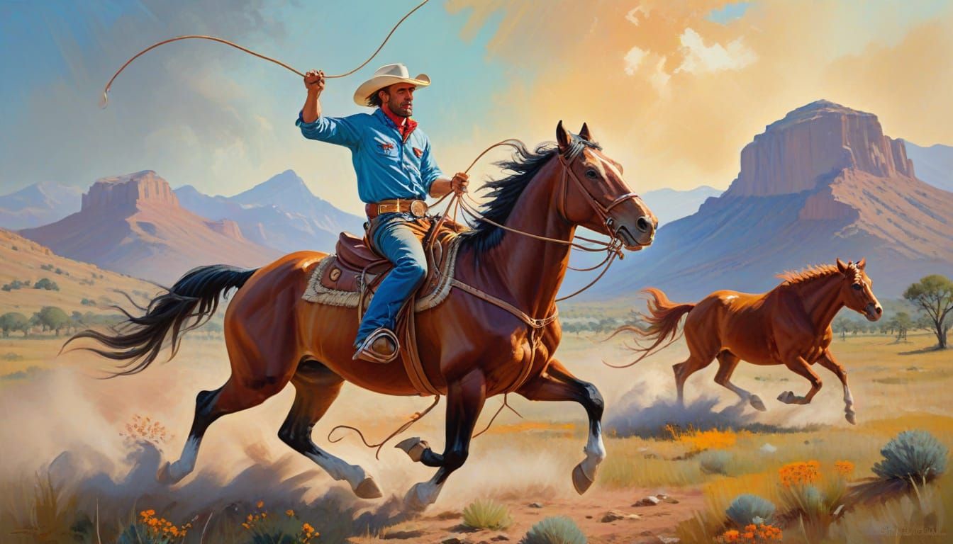 One cowboy riding a horse at full gallop, with a lasso over his head ...