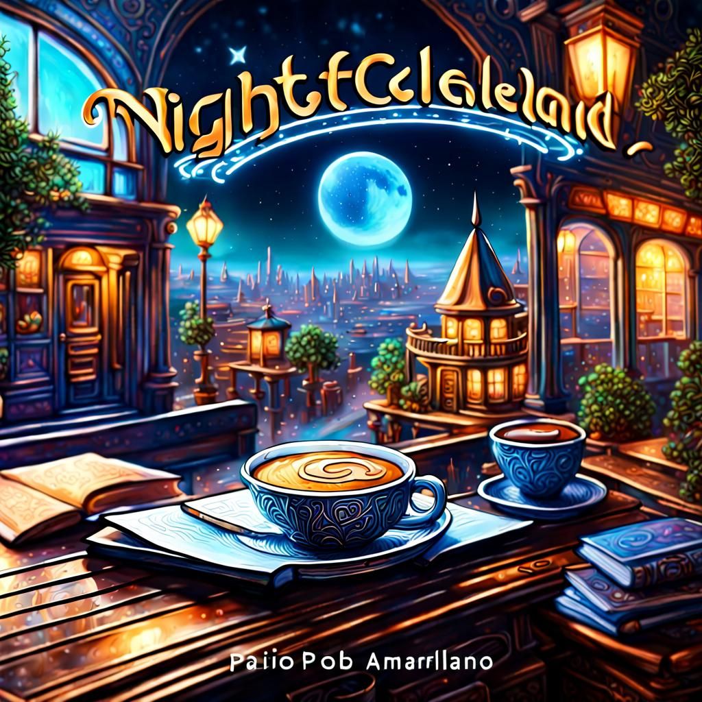 Fantasy Book cover of Night Cafe Land on mockup intricate details ...