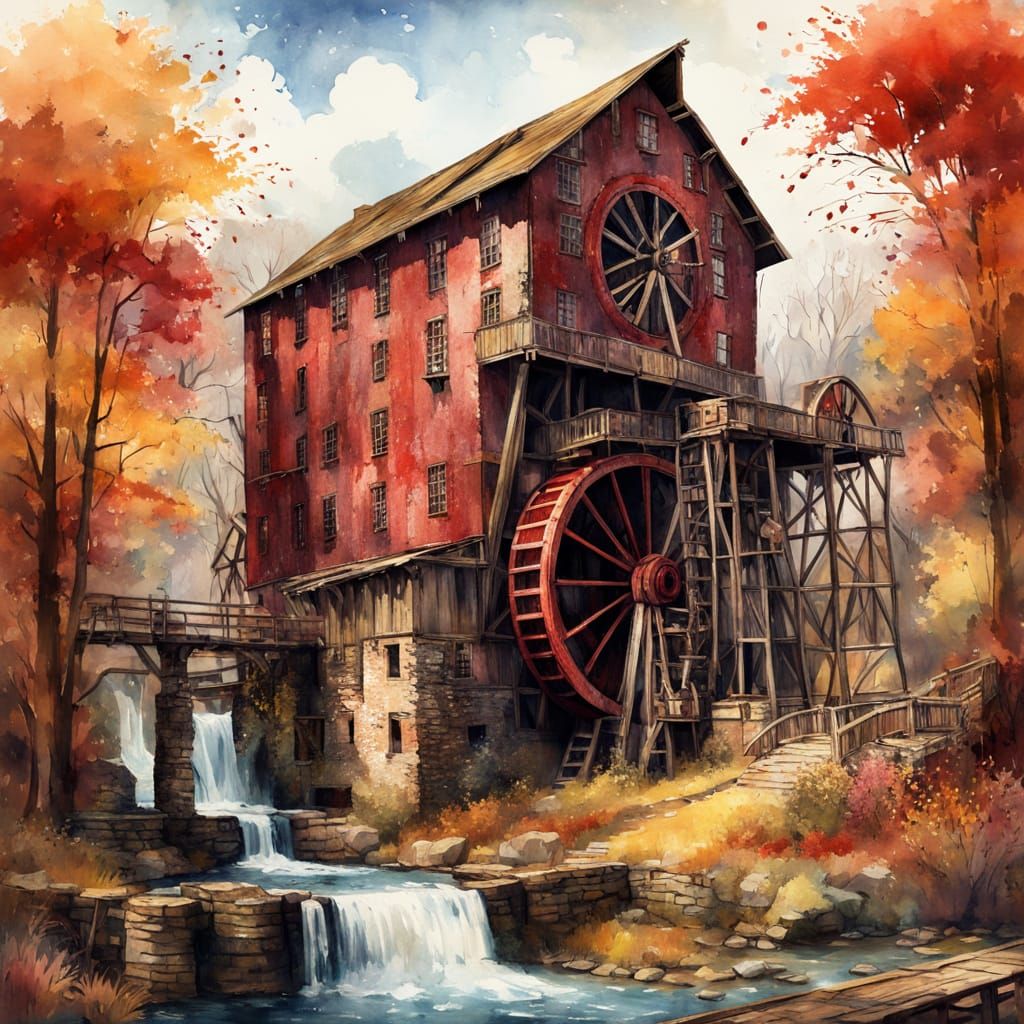 Abandoned Water Mill - Rustic Autumn Water Mill Scene in Wat...