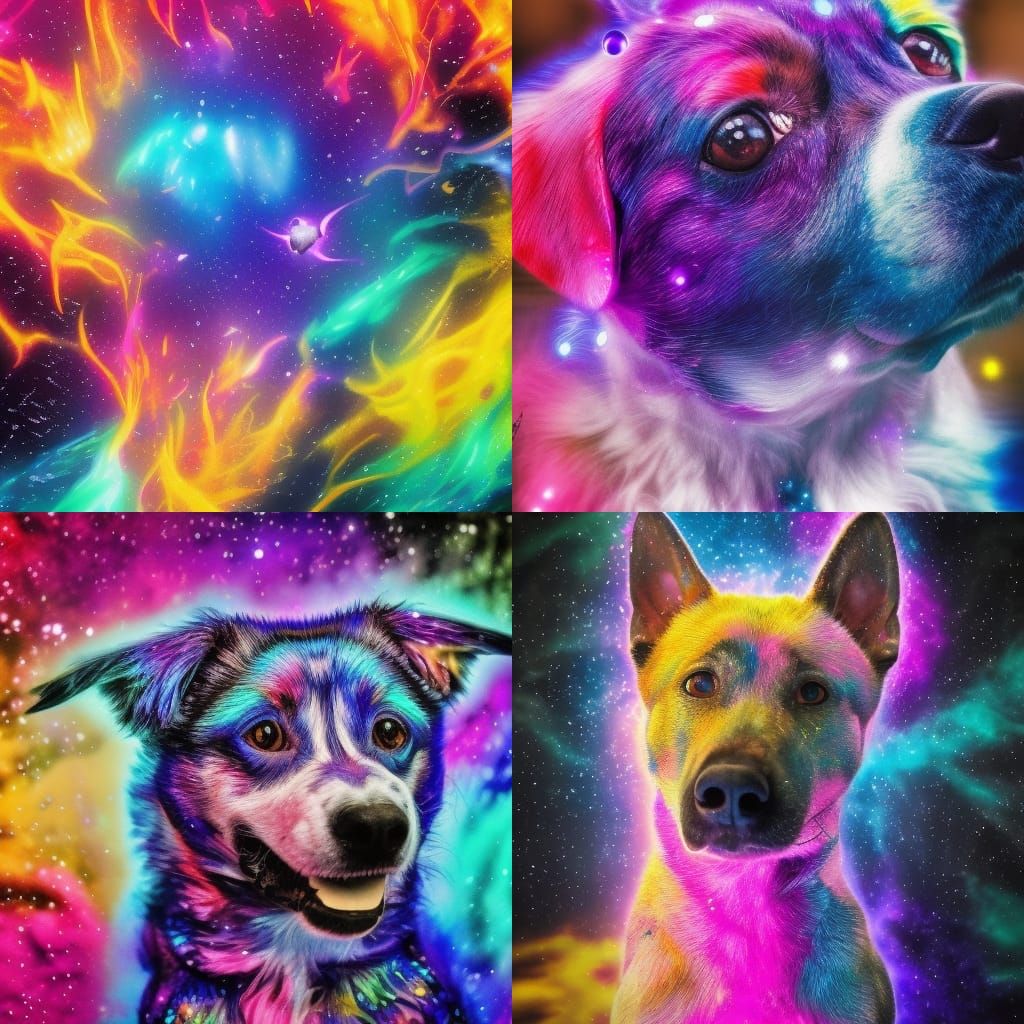 a galaxy dog blue, pink, magenta ,orange, yellow, neon blue, purple ...