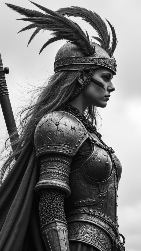 Monochrome Valkyrie Engraving with Winged Helm - AI Art