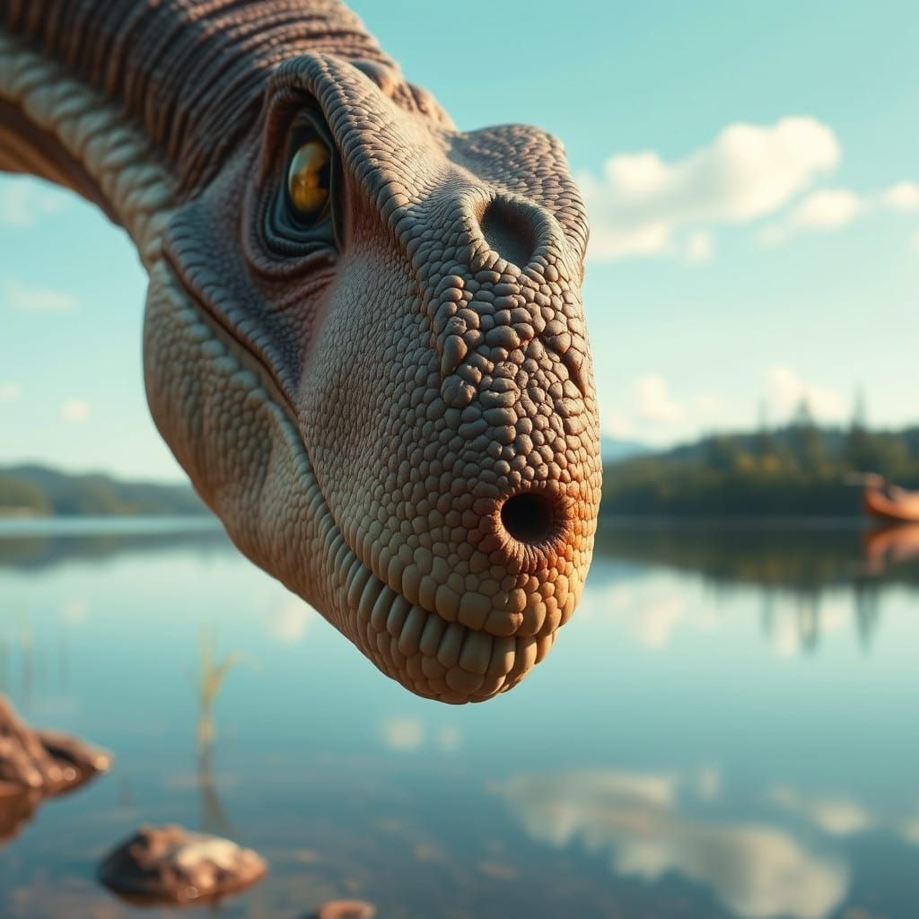 Surreal Dinosaur Portrait Suspended in Serene Lake Lands...