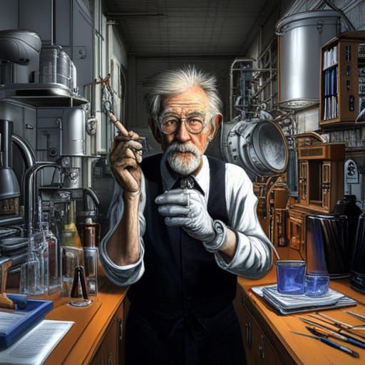Old mad or insane scientist, with his test tubes in his laboratory ...