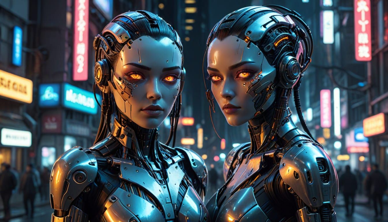 …gynoids with cyberpunk background - realistic…