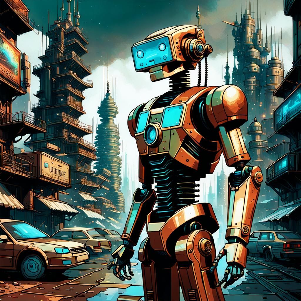 Beeple 8bit fragmented holographic pixelscape videogame steampunk robot cityscape Luis Royo - AI ...