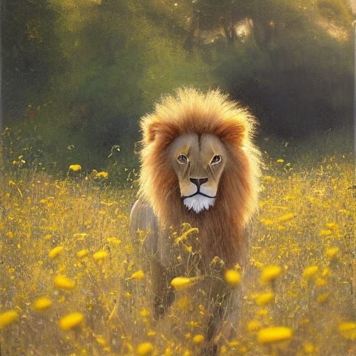 Lion Amidst Dandelions in Golden Hour Realism - AI Art