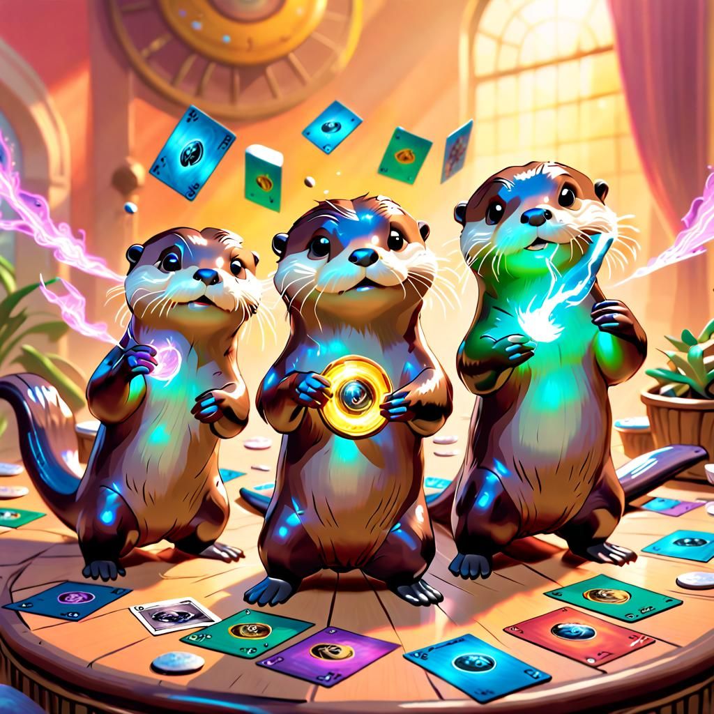 (Otters play Magic the gathering cards:1.3). Magic floats in the air ...