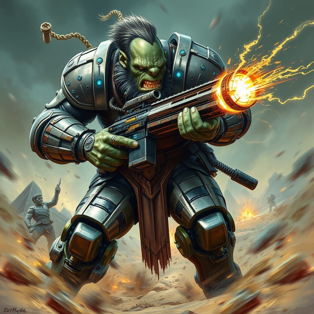 Sleek, High-Tech Orc Mercenary Charges into Battle - AI Art
