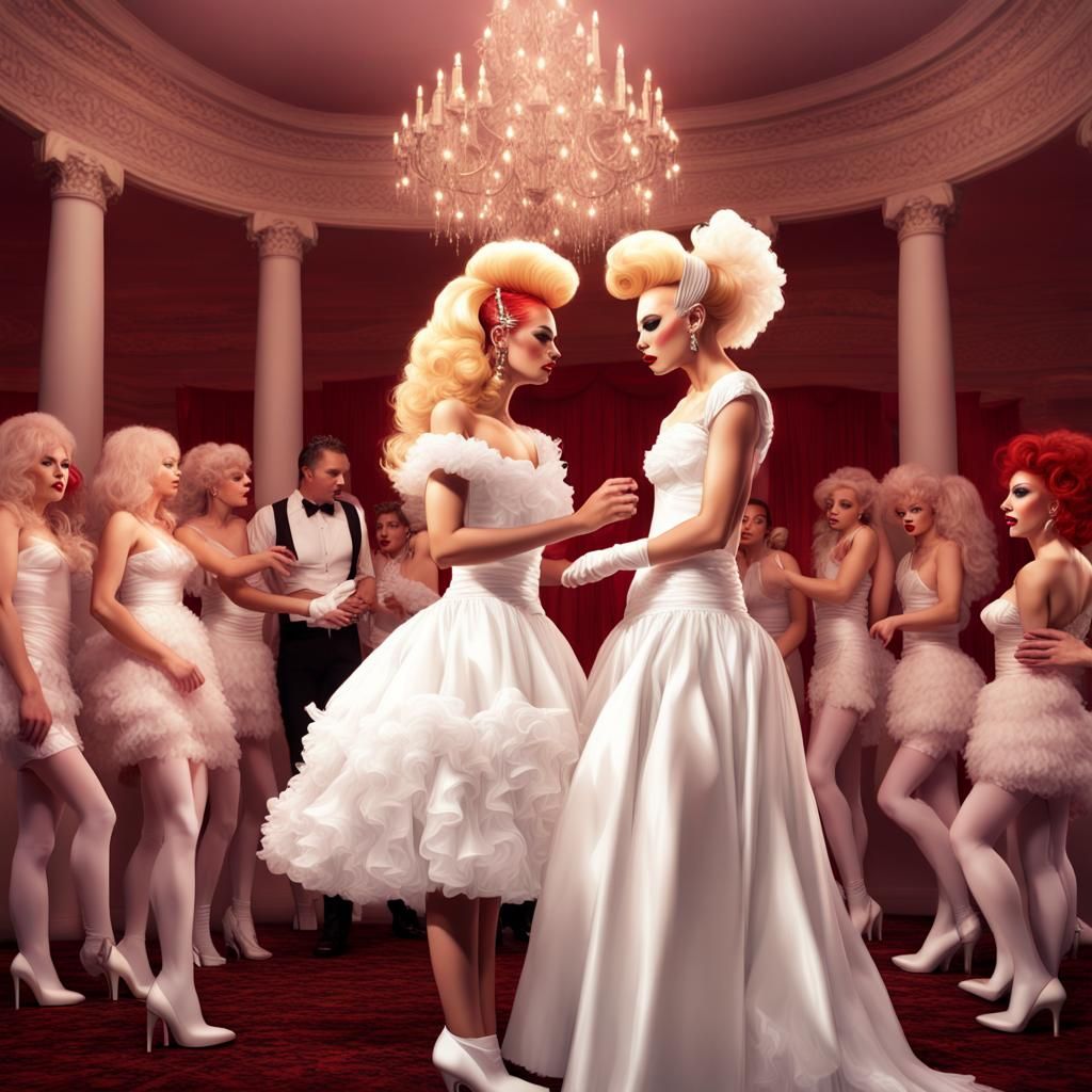a young blonde drag queen with a pixie hair style wearing a short white wedding dress and knee ...