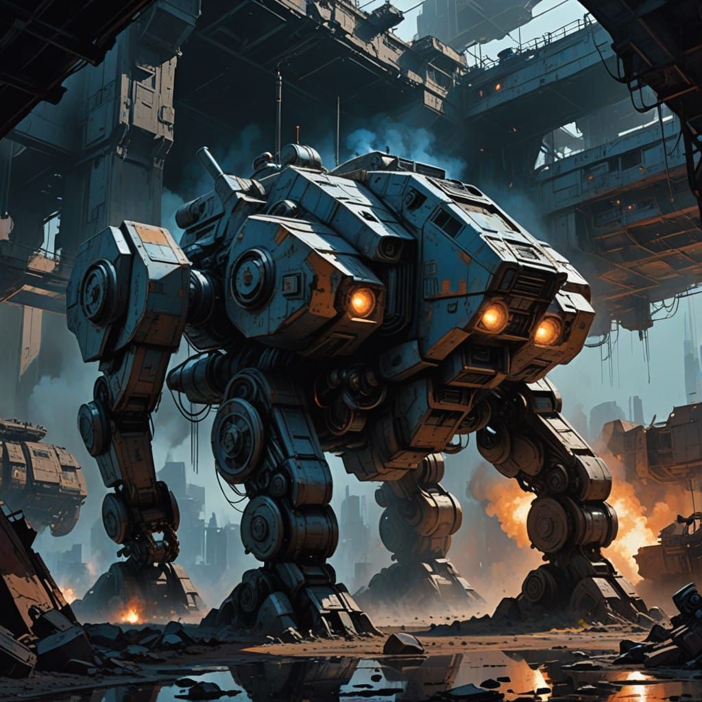 A realistic mech, thirty feet tall, equipped with lasers and rockets ...