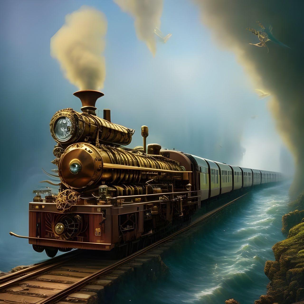 steampunk train with mechanisms vivd pure colors waves, spirals ...