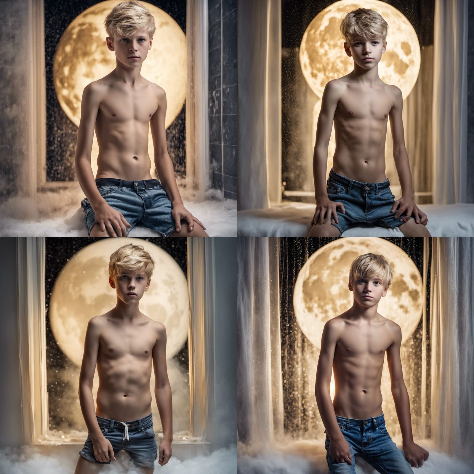 Front of romantic blond boy 12yo full body abs beautiful face moon ...