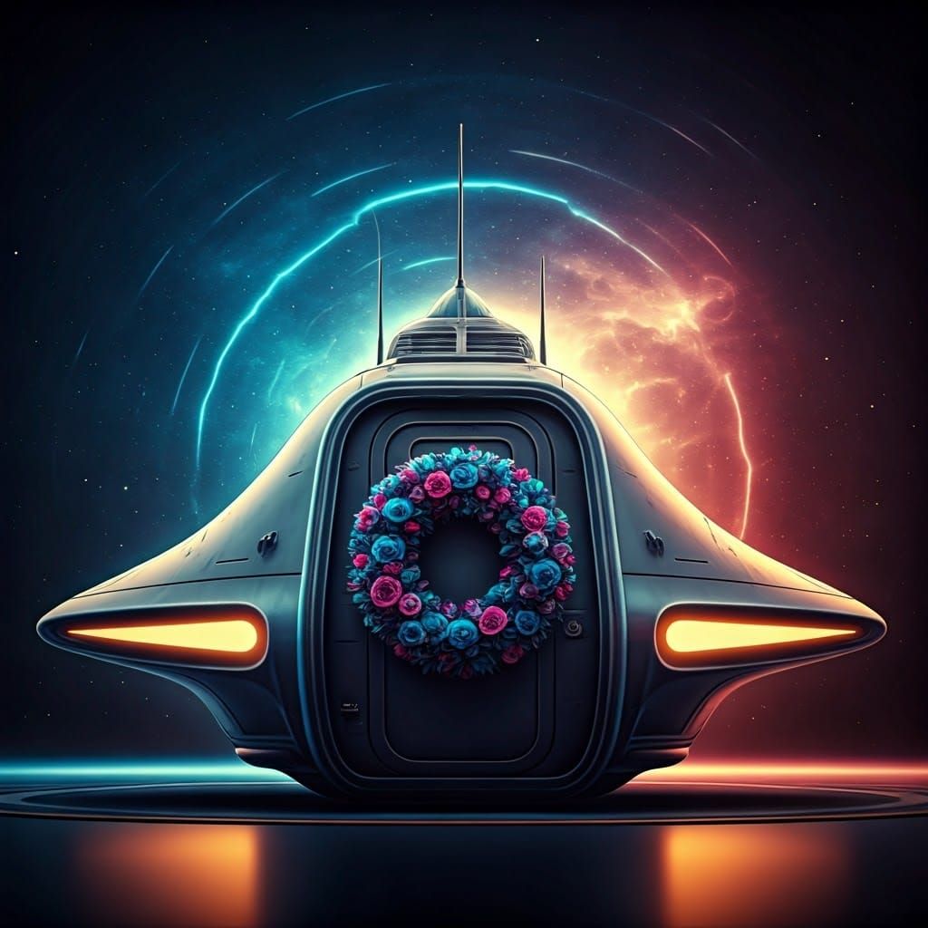 Space Wreath - Retro-Futuristic Spacecraft in Chromatic Bloo...