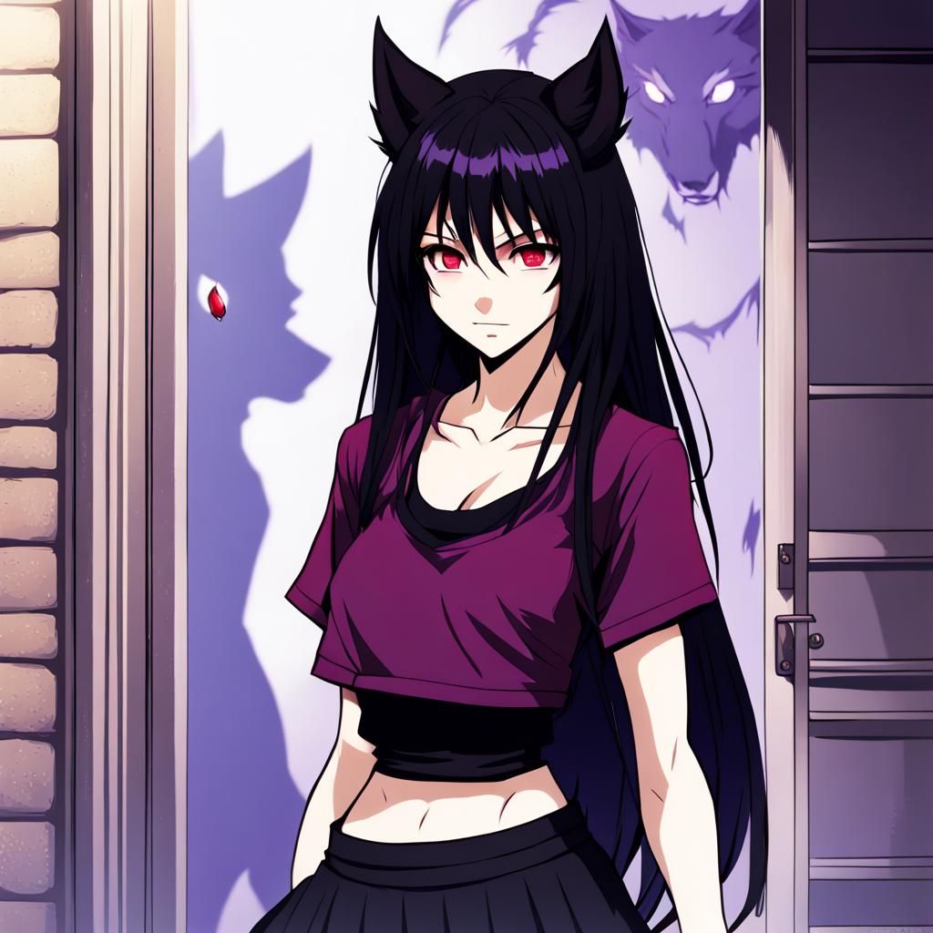 a beautiful werewolf Ultima girl with black long hair and red eyes and ...