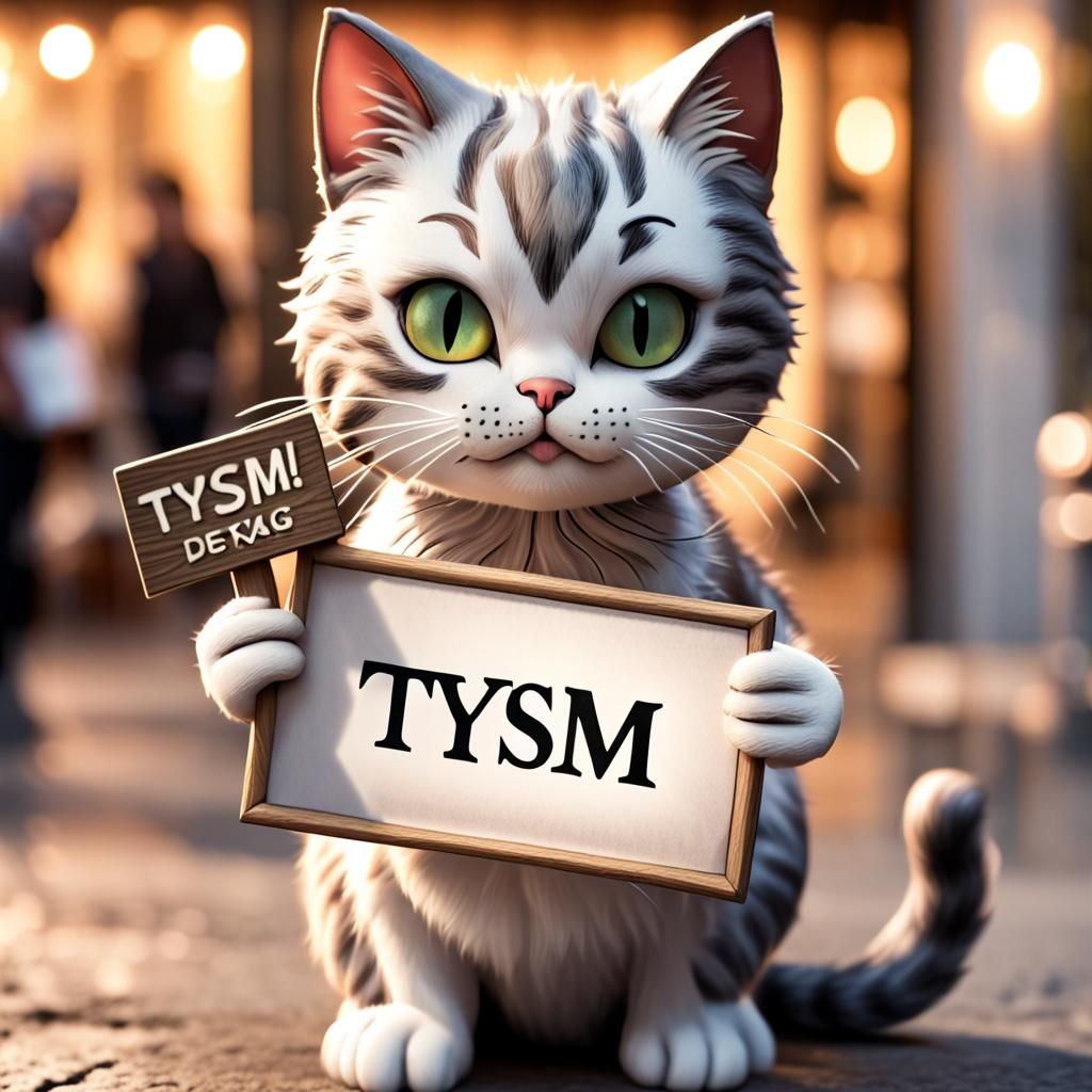 A cat holding a "tysm" sign - AI Generated Artwork - NightCafe Creator