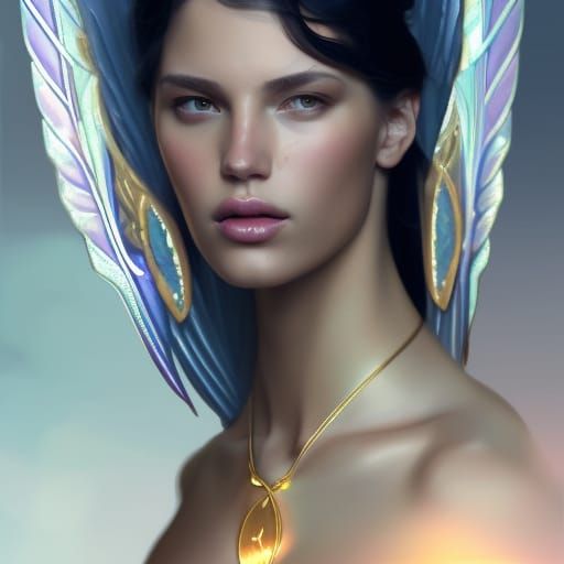 Extravagant Ancient futuristic ethereal Victoria's Secret angelic female model gold accessories ...
