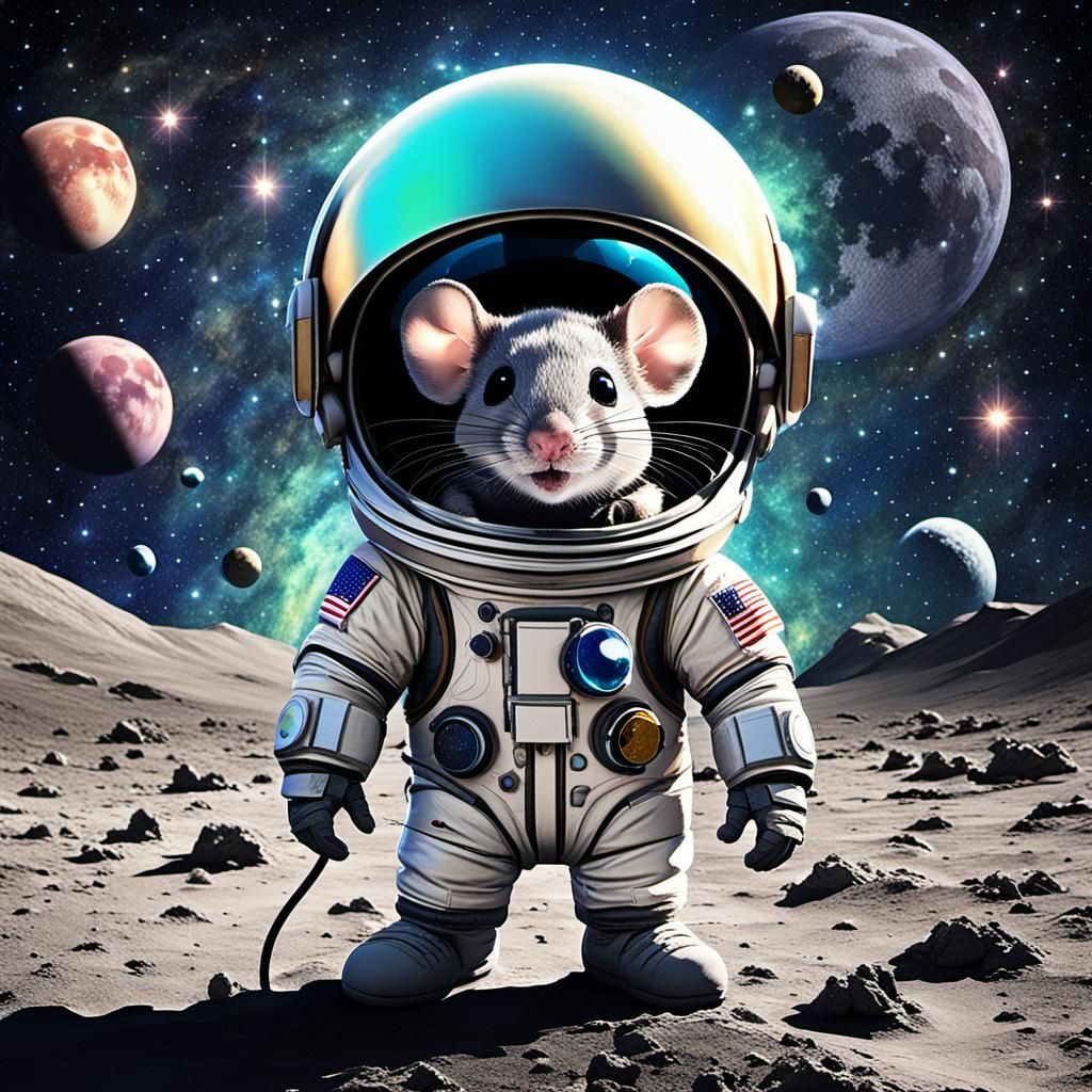 Photograph, Chibi Mouse in space helmet and suit on the moon surface ...